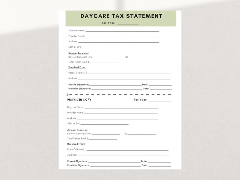 Daycare Tax Statement / End of Year / Tuition Report / for Parents ...