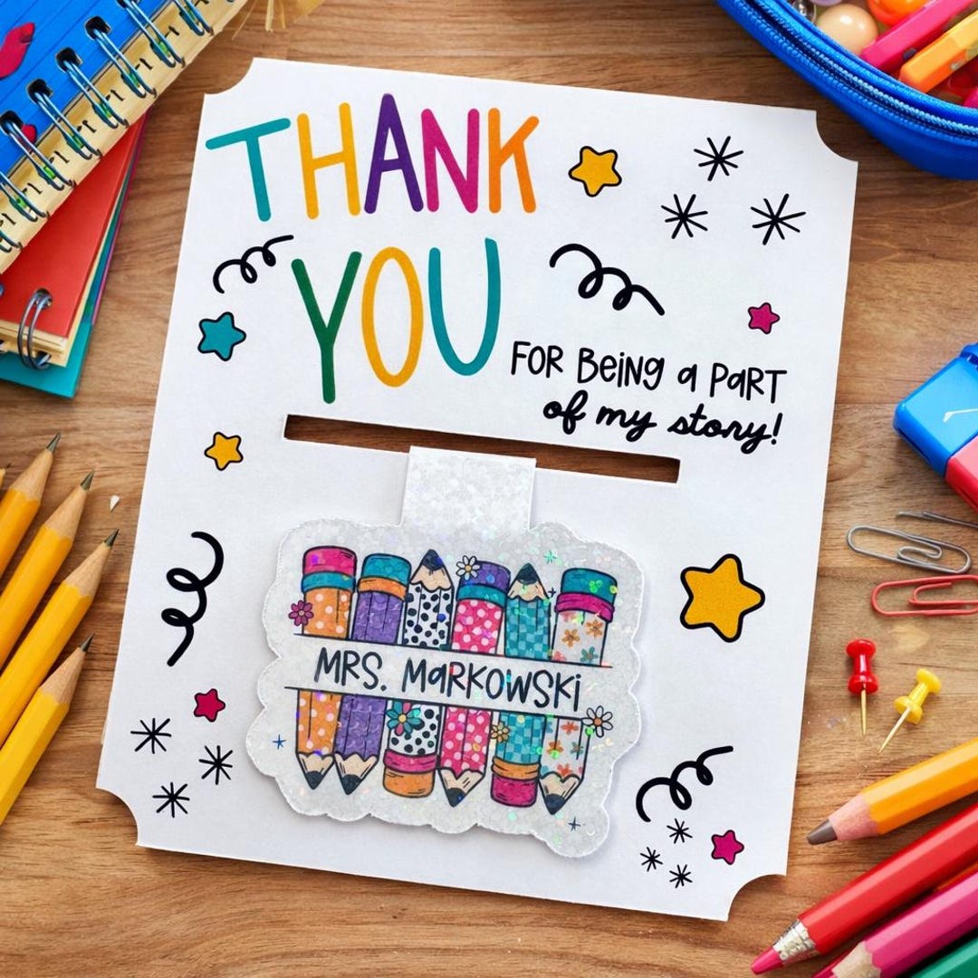 Personalized Teacher Gift: Thank You Card and Bookmark | Custom Pencil ...
