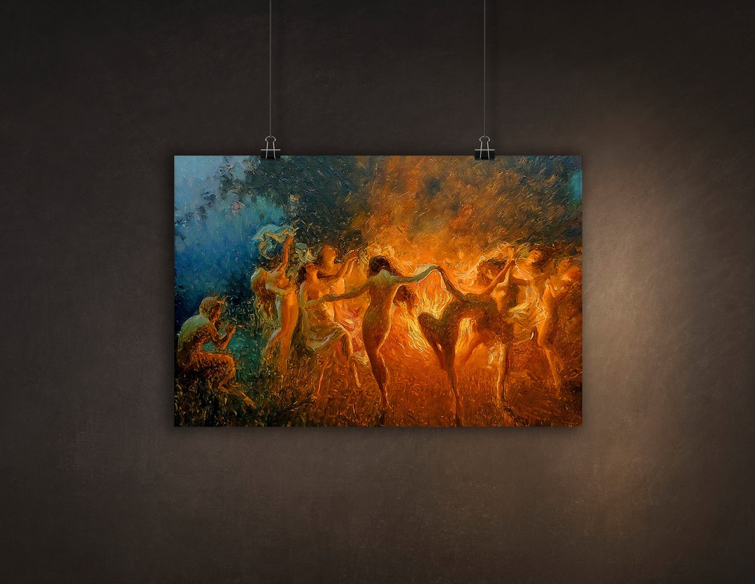 Nude Nymphs Dancing To Pans Flute Around The Fire By Joseph Tomanek Premium Paper Poster