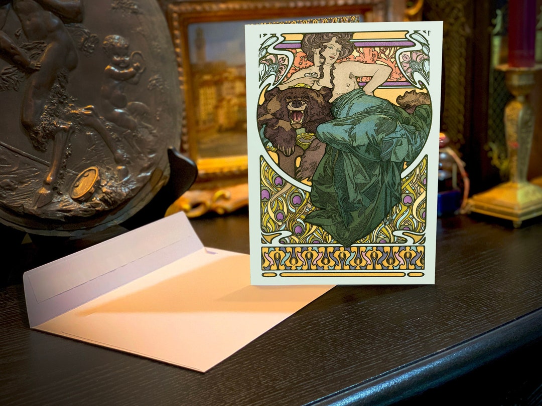 Woman With Bear Pelt by Mucha, Set of Greeting Cards/notecards, With ...