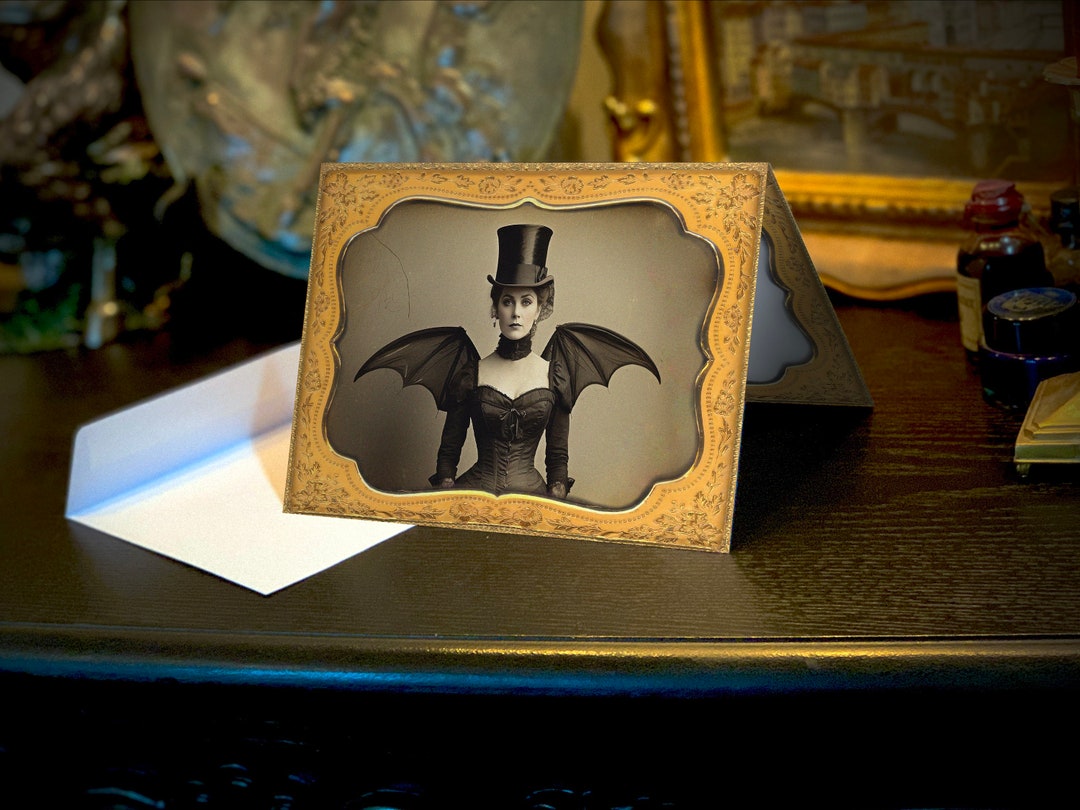 Victorian Woman With Bat Wings, Set of Halloween Greeting Cards, With ...