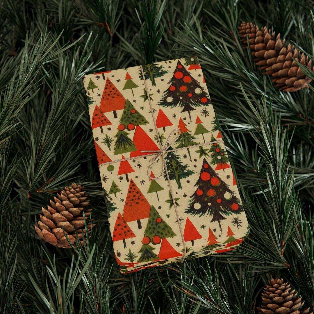 Tangerine Twinkle Pines, Classic 1970s Retro Christmas Gift Wrap Paper ...