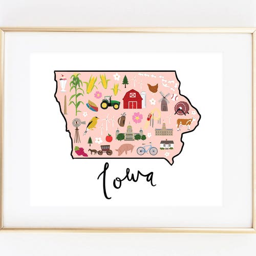 Illustrated Iowa Art Print Cute Iowa Map Print Modern Iowa - Etsy