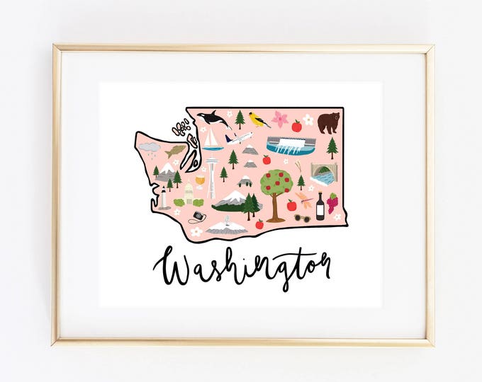 Illustrated Washington State Art Print, Cute Washington Map Print ...