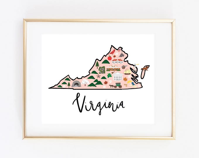 Illustrated Virginia Art Print, Cute Virginia Map Print, Modern ...