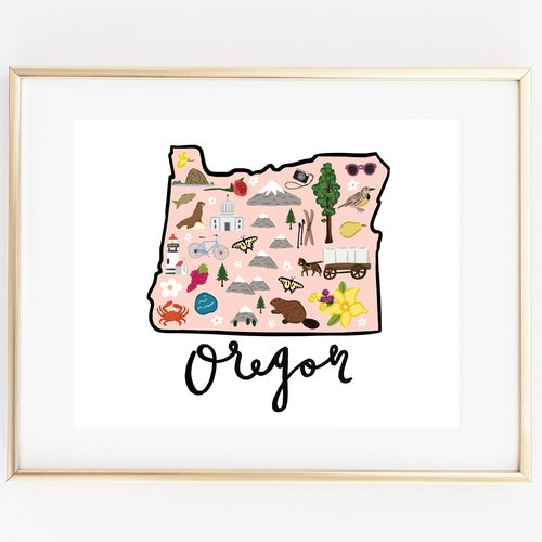 Illustrated Oregon Art Print Cute Oregon Map Print Modern - Etsy
