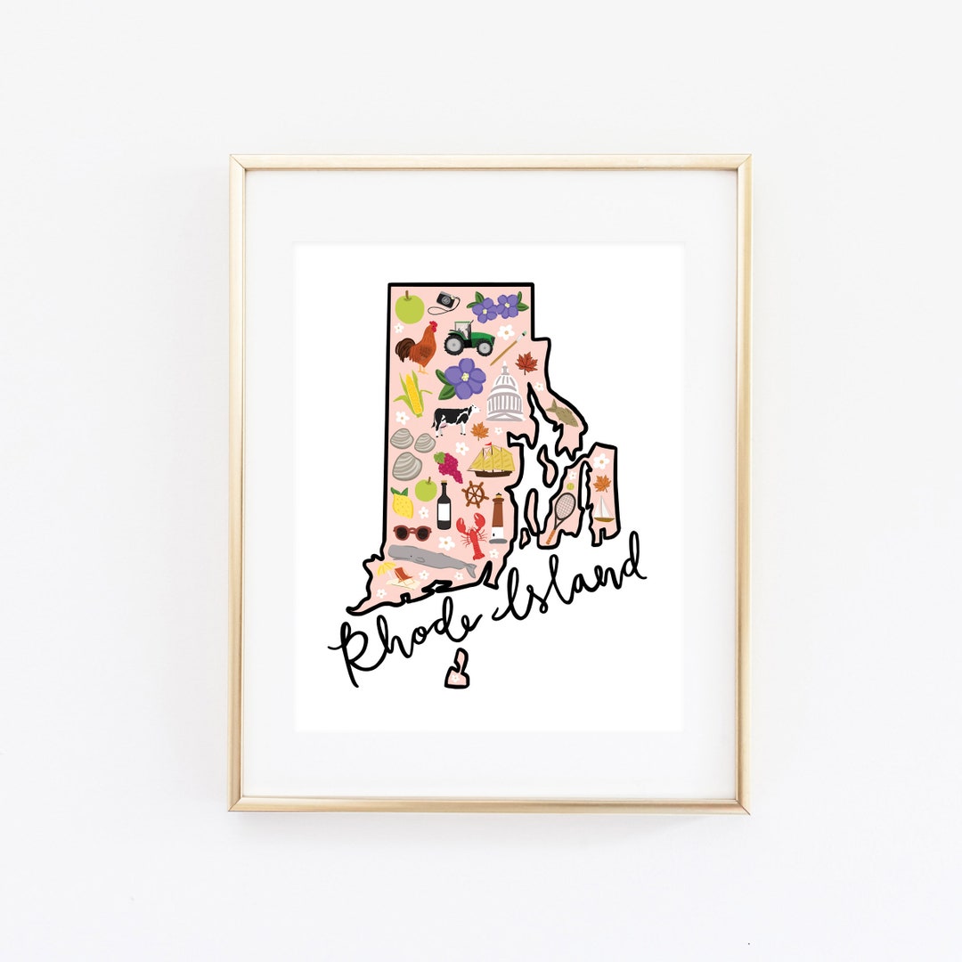 Illustrated Rhode Island Art, Cute Rhode Island Map Print, Modern RI ... Illustrated Rhode Island Art, Cute Rhode Island Map Print, Modern RI ...