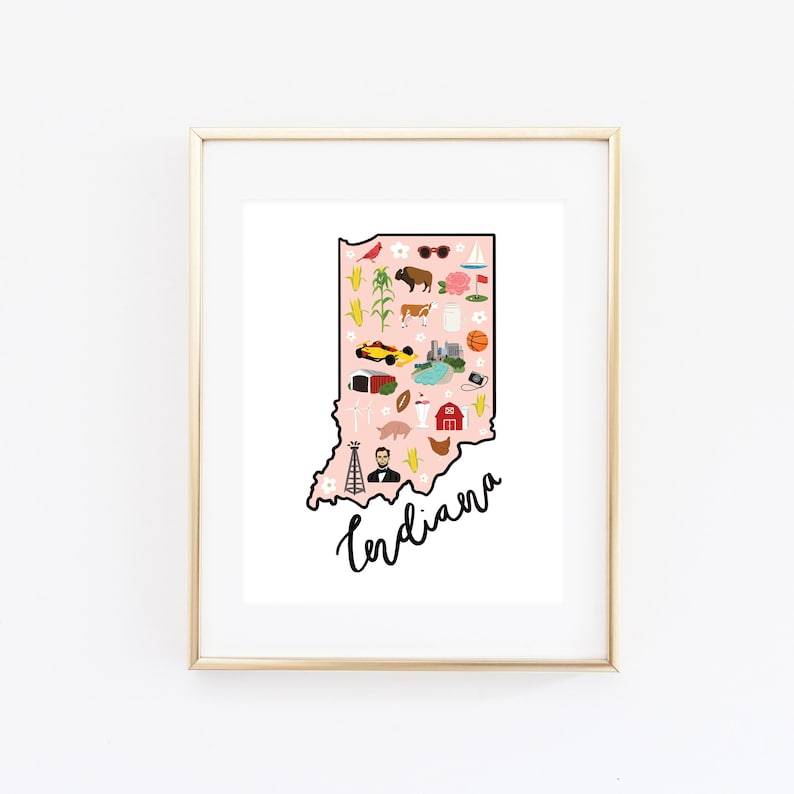Illustrated Indiana Art Print, Cute Indiana Map Print, Modern Indiana ...