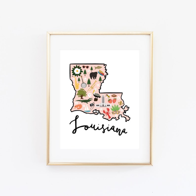 Illustrated Louisiana Art Print, Cute Louisiana Map Print, Modern ...