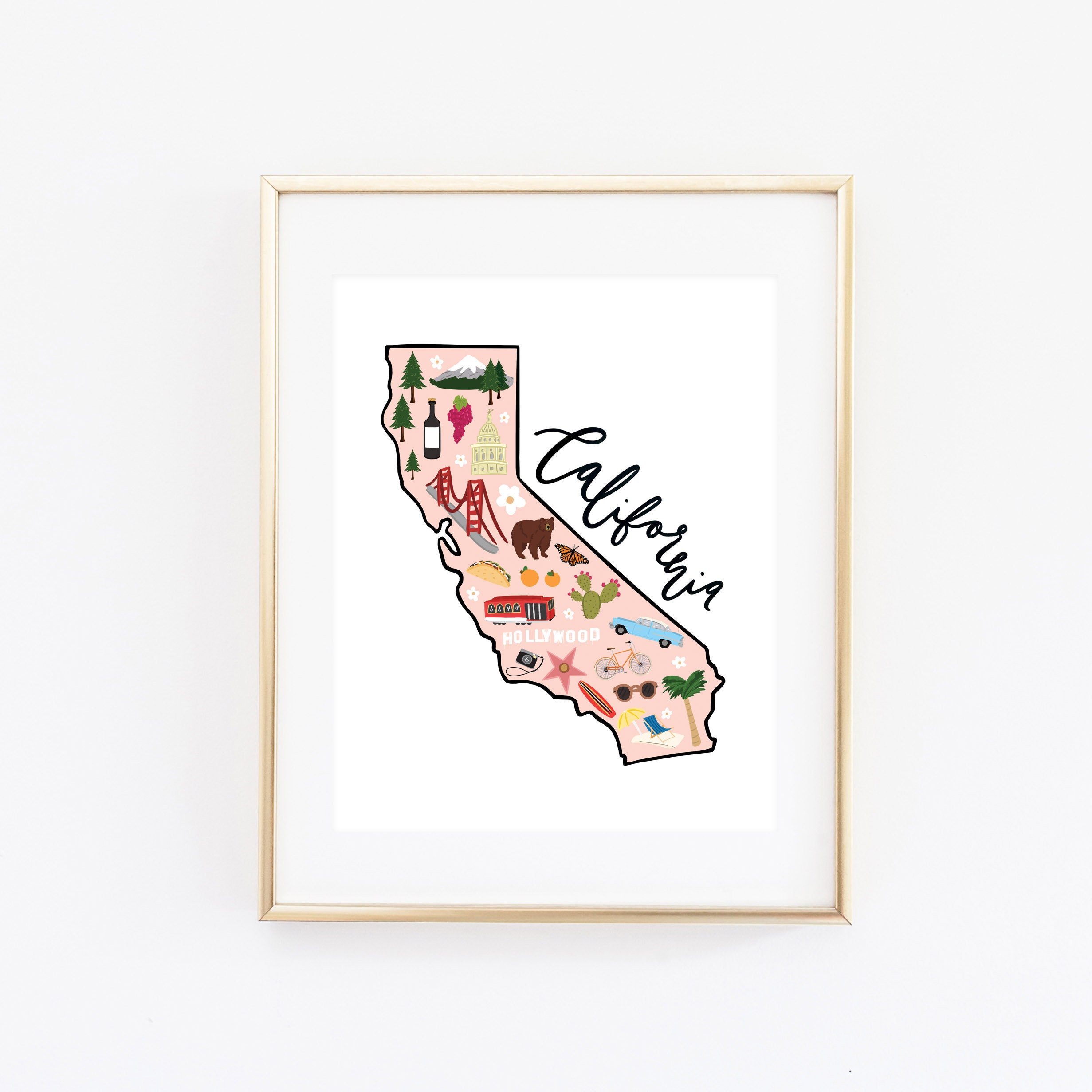 Illustrated California Art Print Cute California Map Print | Etsy