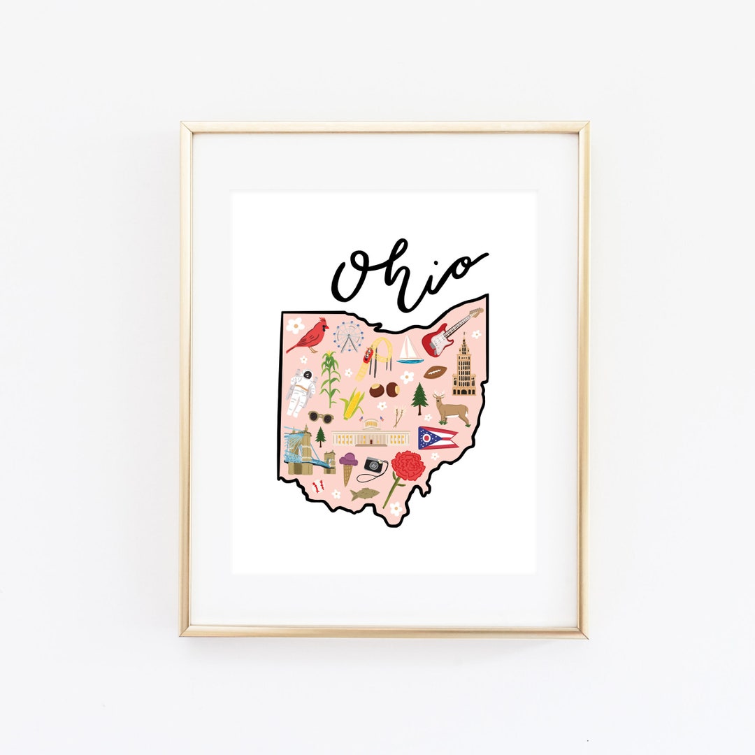 Illustrated Ohio Art Print, Cute Ohio Map Print, Modern Ohio Decor ...