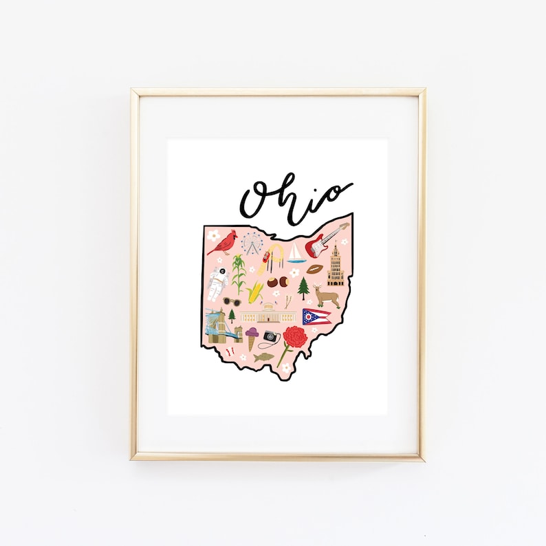 Illustrated Ohio Art Print Cute Ohio Map Print Modern Ohio - Etsy