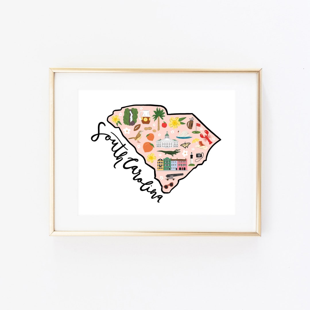 Illustrated South Carolina Art Print, Cute South Carolina Map, Modern ...