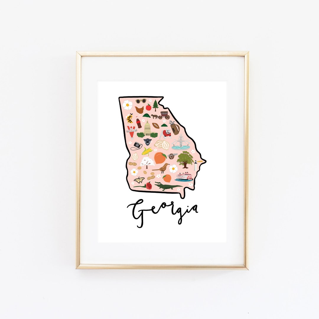 Illustrated Georgia Art Print, Cute Georgia Map Print, Modern Georgia ...
