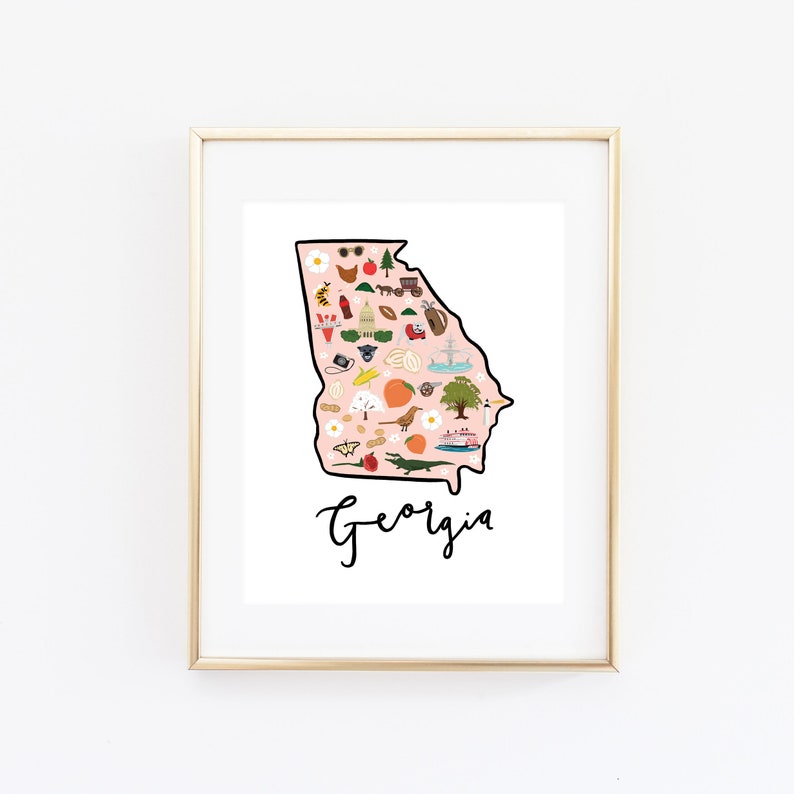 Illustrated Georgia Art Print Cute Georgia Map Print Modern | Etsy