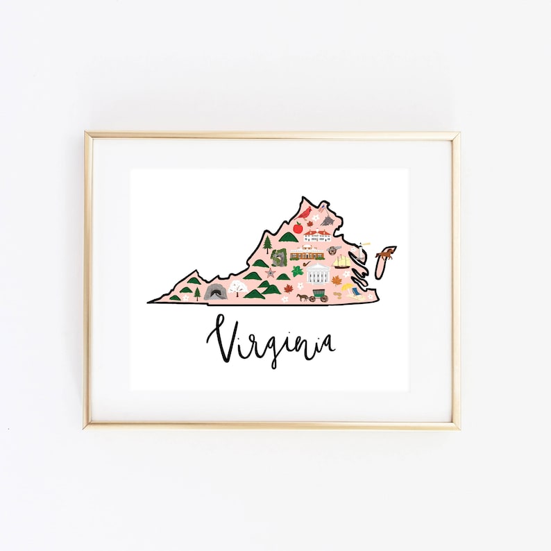 Illustrated Virginia Art Print, Cute Virginia Map Print, Modern ...