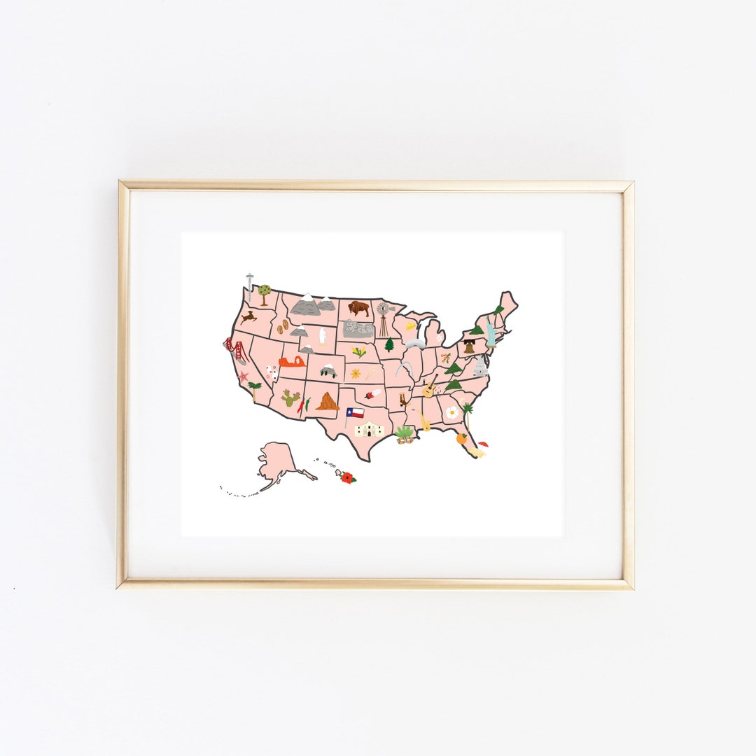 Illustrated U.S. Map Art Print, United States Map Print, Cute Map Decor ...