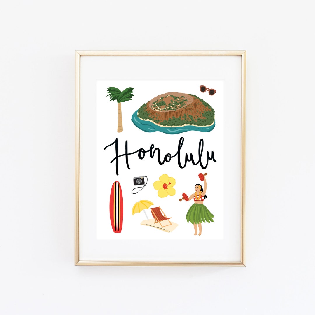 Illustrated Honolulu Hawaii Art Print, Cute Honolulu Map, Modern ...