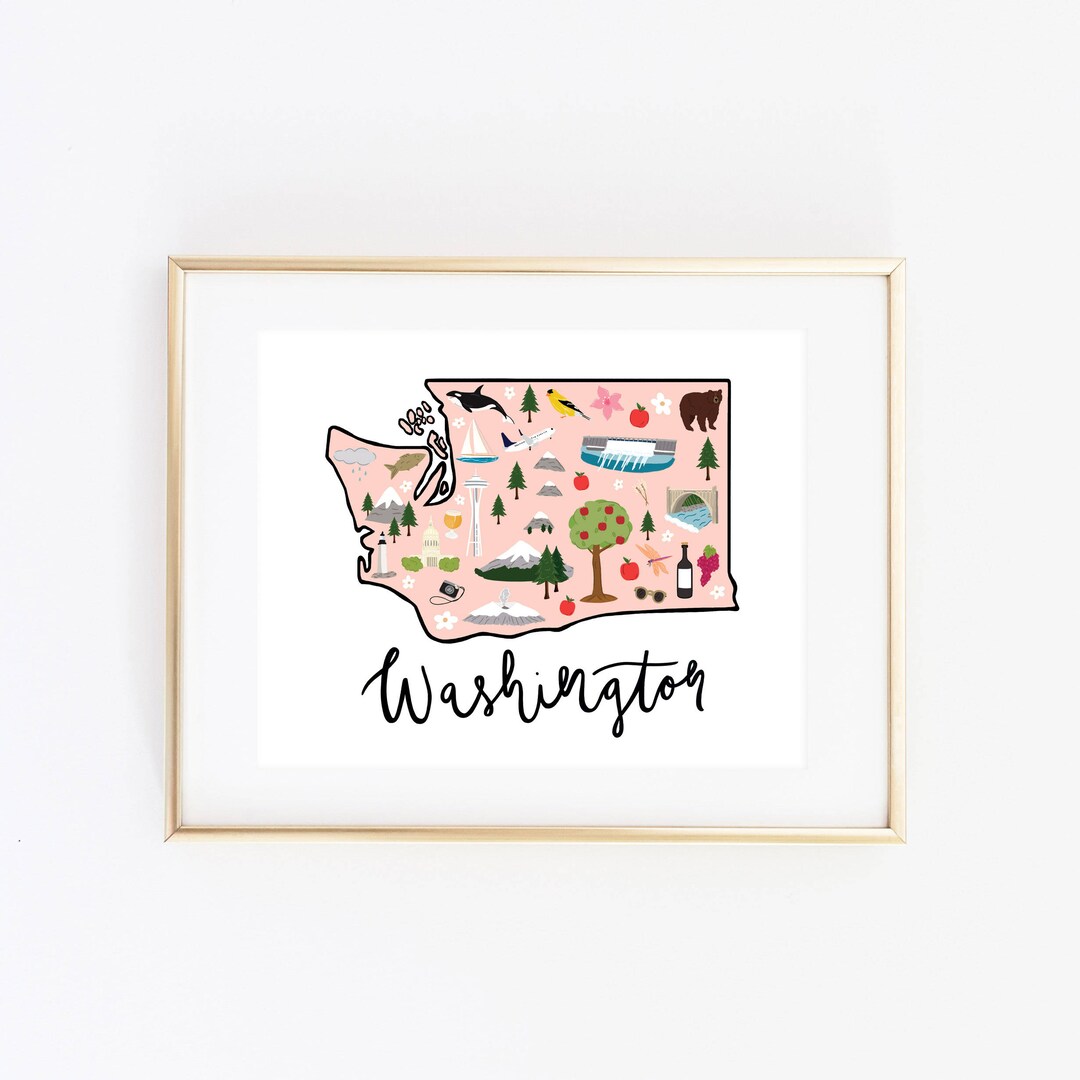 Illustrated Washington State Art Print, Cute Washington Map Print ...