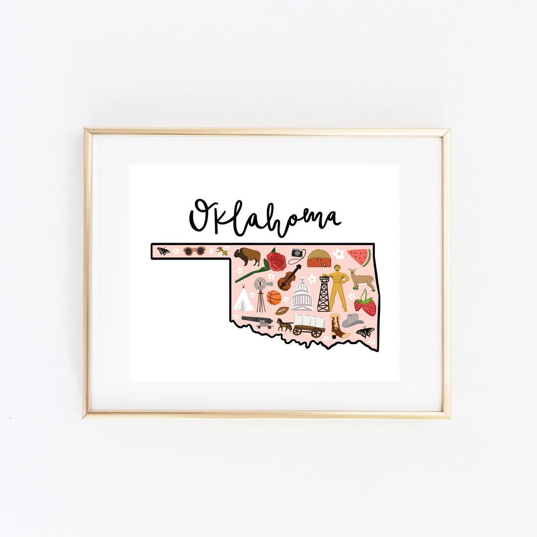 Illustrated Oklahoma Art, Cute Oklahoma Map Print, Modern Oklahoma ...