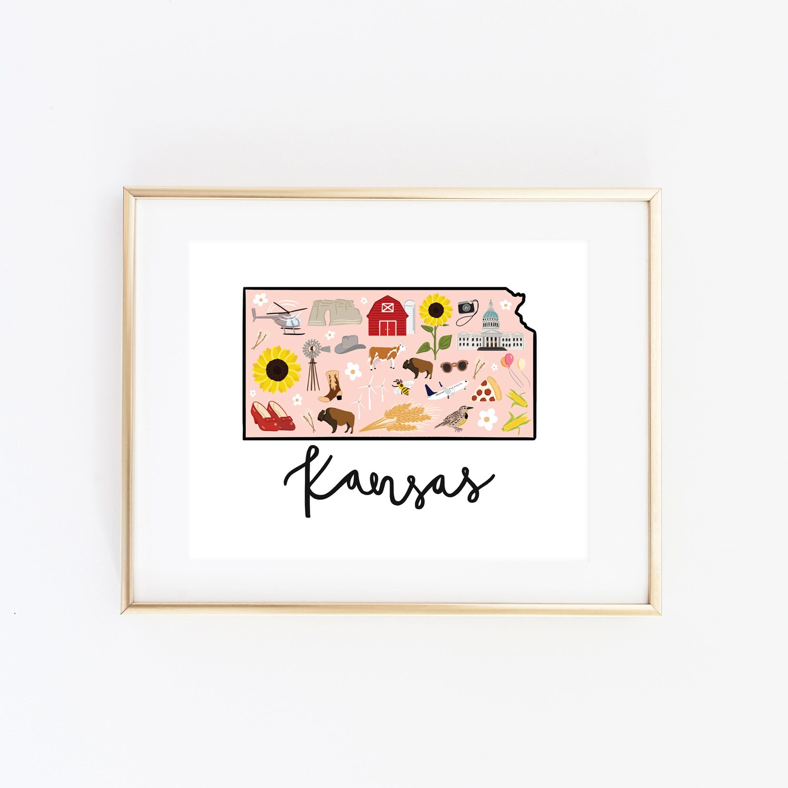 Illustrated Kansas Art Print Cute Kansas Map Print Modern | Etsy