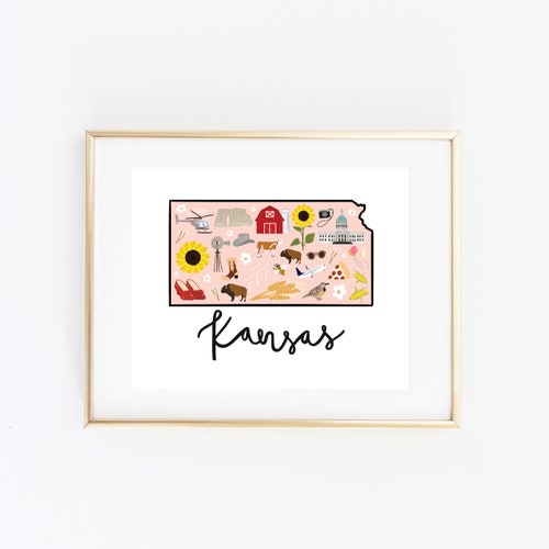 Illustrated Kansas Art Print Cute Kansas Map Print Modern - Etsy