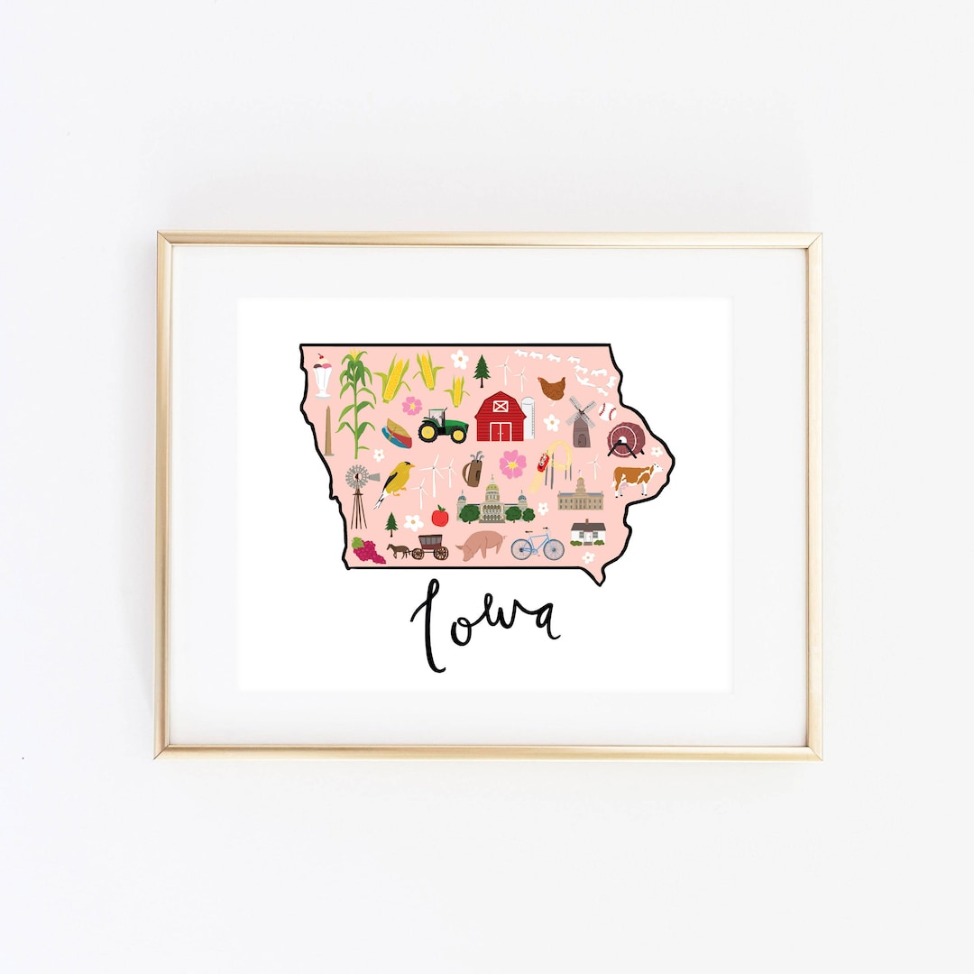 Illustrated Iowa Art Print, Cute Iowa Map Print, Modern Iowa Decor ...