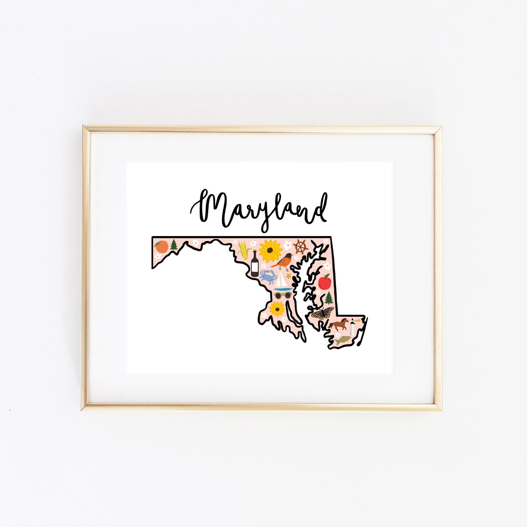 Illustrated Maryland Art, Cute Maryland Map Print, Modern Maryland ...