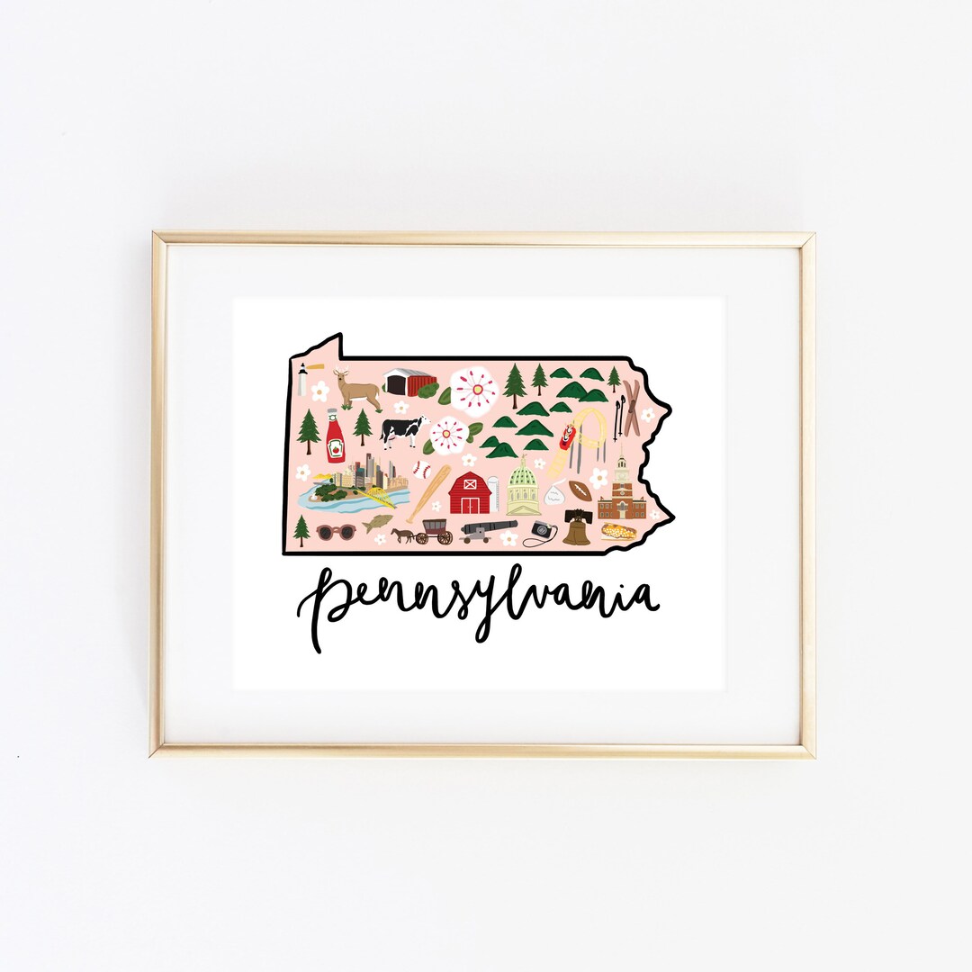 Illustrated Pennsylvania Art, Cute Pennsylvania Map Print, Modern PA ...