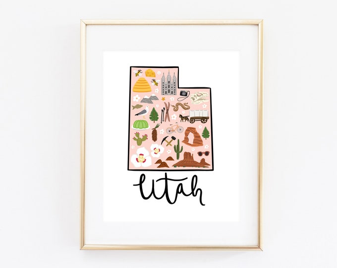 Illustrated Utah Art Print, Cute Utah Map Print, Modern Utah Decor ...