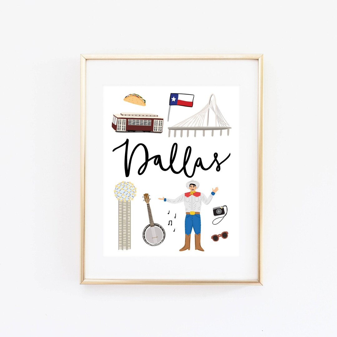 Illustrated Dallas Texas Art Print, Cute Dallas TX Map Print, Modern ...