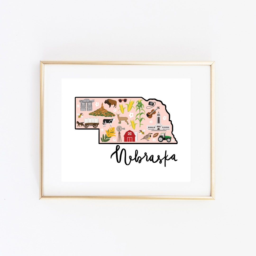 Illustrated Nebraska Art, Cute Nebraska Map Print, Modern Nebraska ...