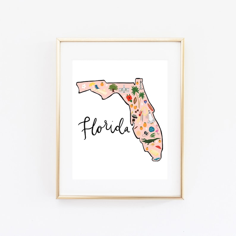 Illustrated Florida Art Print, Cute Florida Map Print, Modern Florida ...