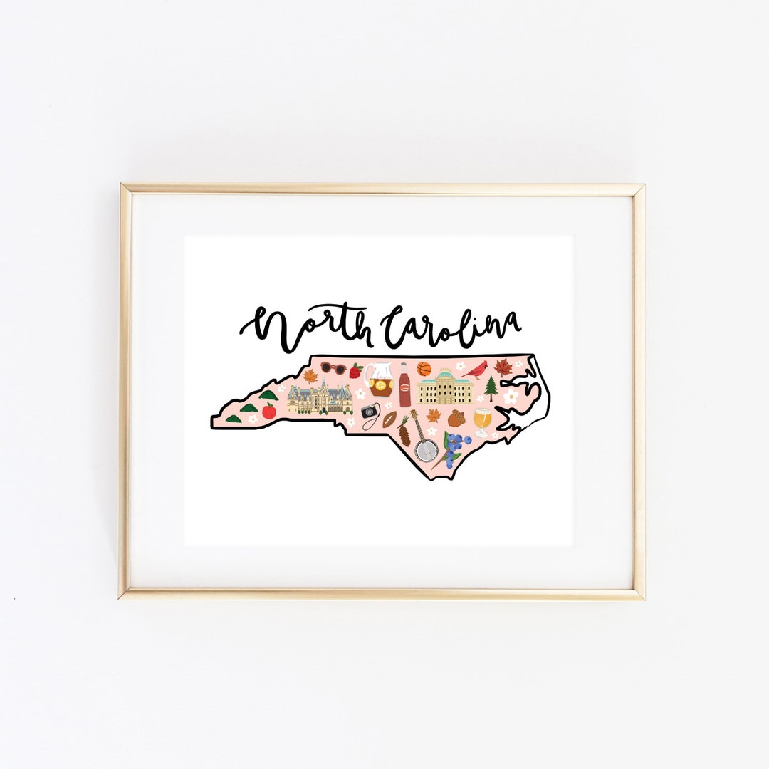 Illustrated North Carolina Art Print, Cute North Carolina Map Print ...
