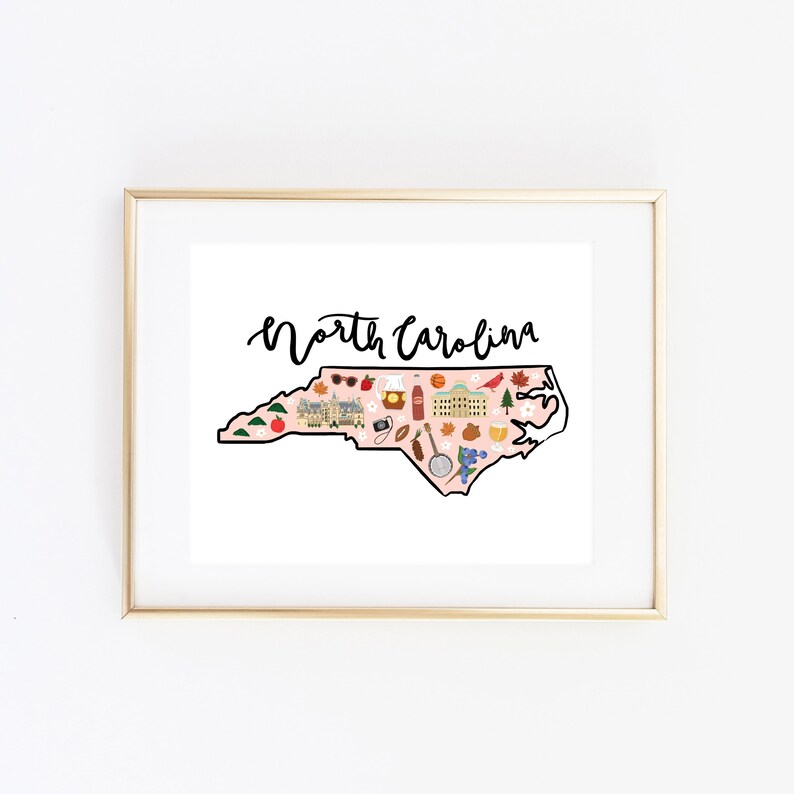 Illustrated North Carolina Art Print Cute North Carolina Map - Etsy