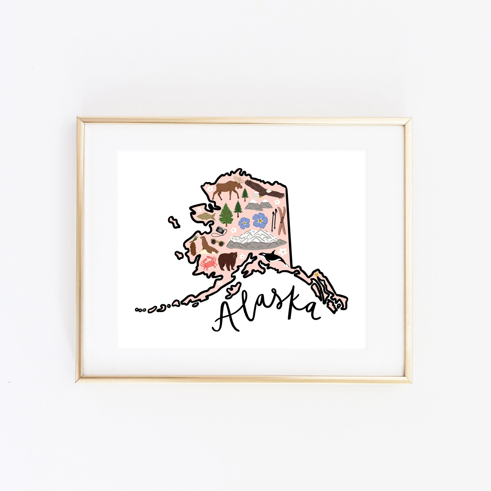 Illustrated Alaska Art Print, Cute Alaska Map Print, Modern Alaska ...
