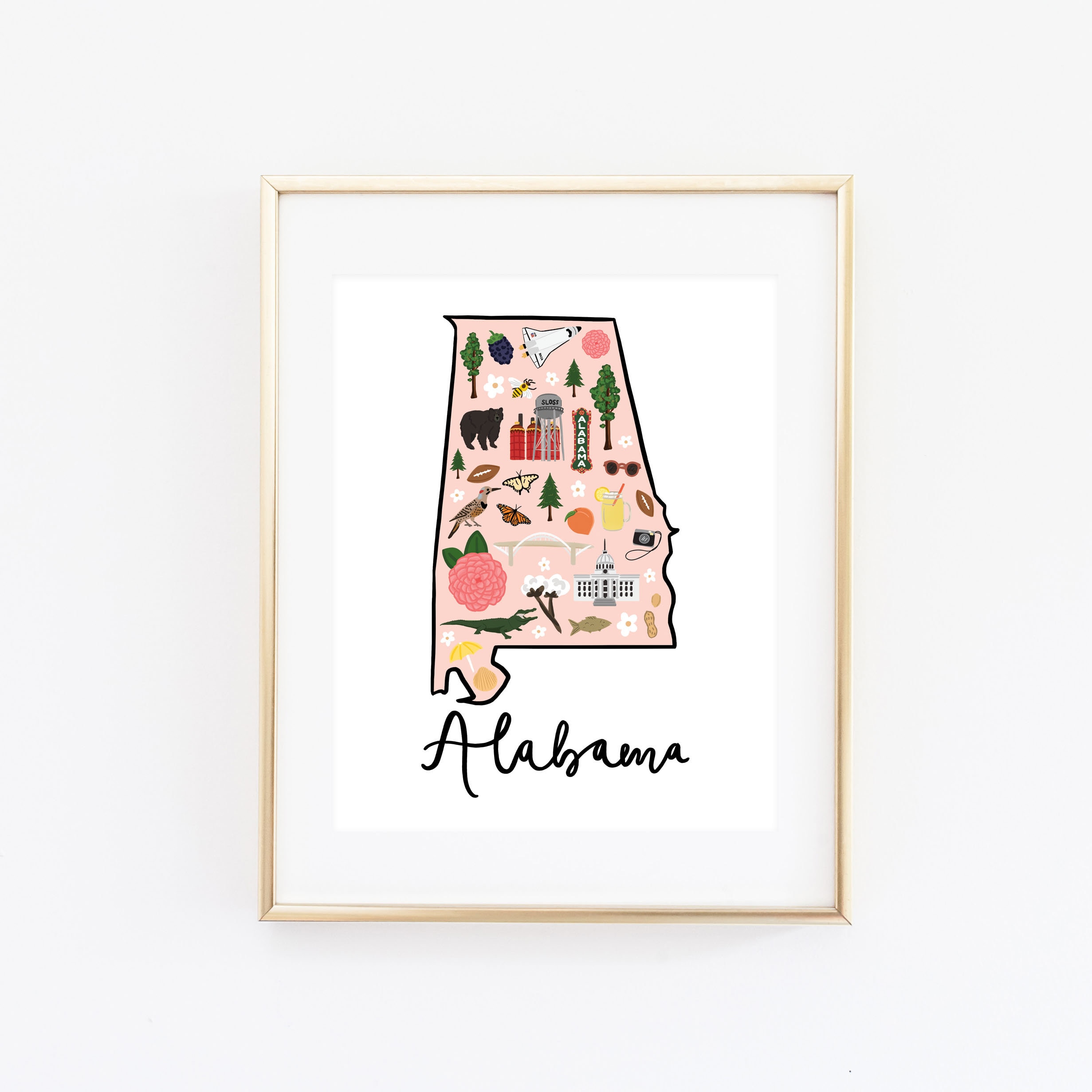 Illustrated Alabama Art Print Cute Alabama Map Print Modern - Etsy