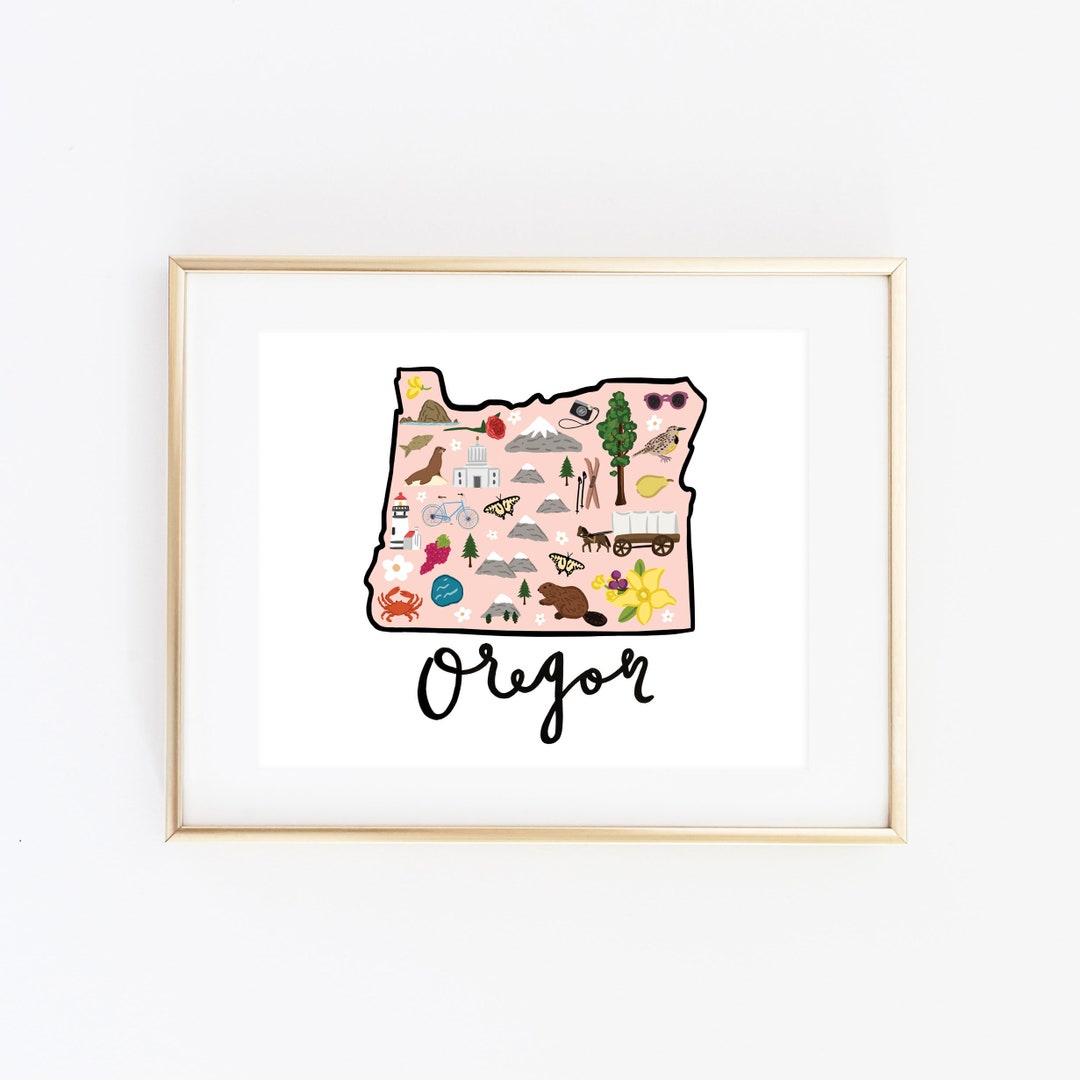 Illustrated Oregon Art Print, Cute Oregon Map Print, Modern Oregon ...