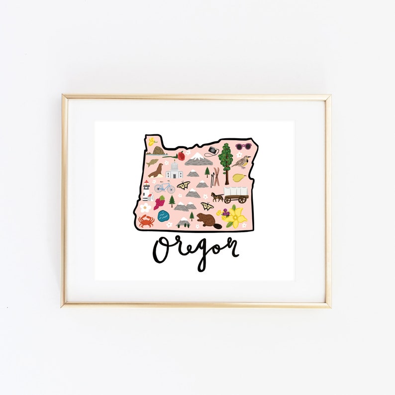 Illustrated Oregon Art Print Cute Oregon Map Print Modern - Etsy