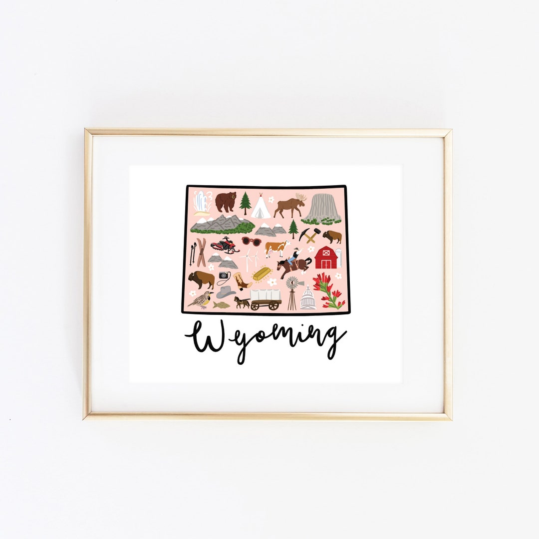 Illustrated Wyoming Art Print, Cute Wyoming Map Print, Modern Wyoming ...