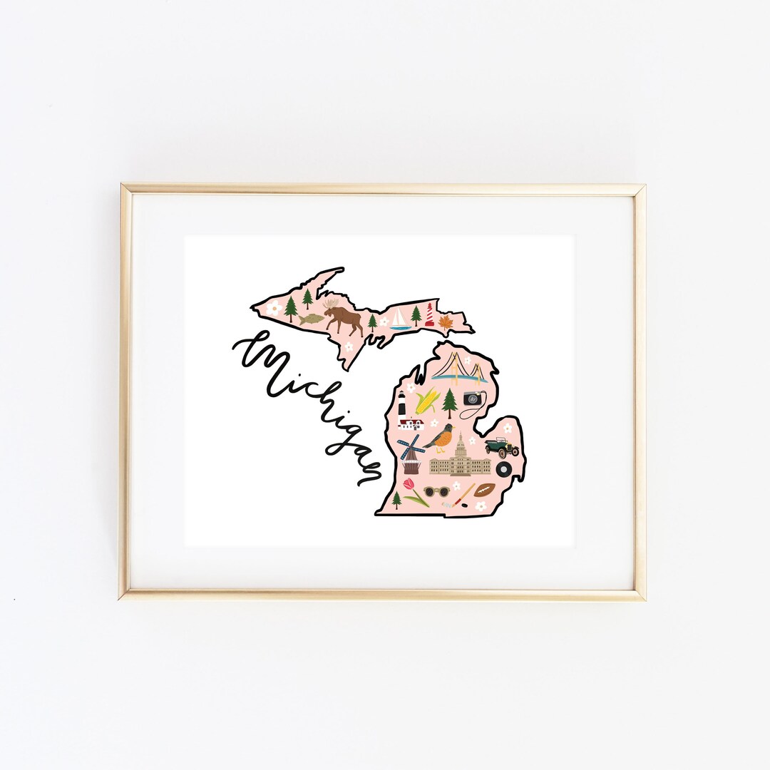 Illustrated Michigan Art Print, Cute Michigan Map Print, Modern ...