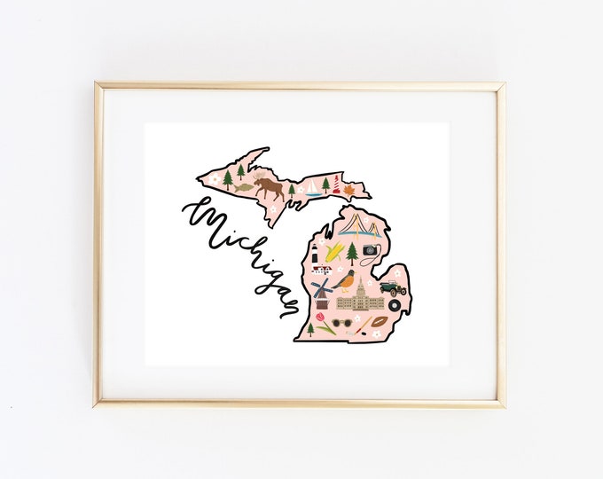 Illustrated Michigan Art Print Cute Michigan Map Print | Etsy