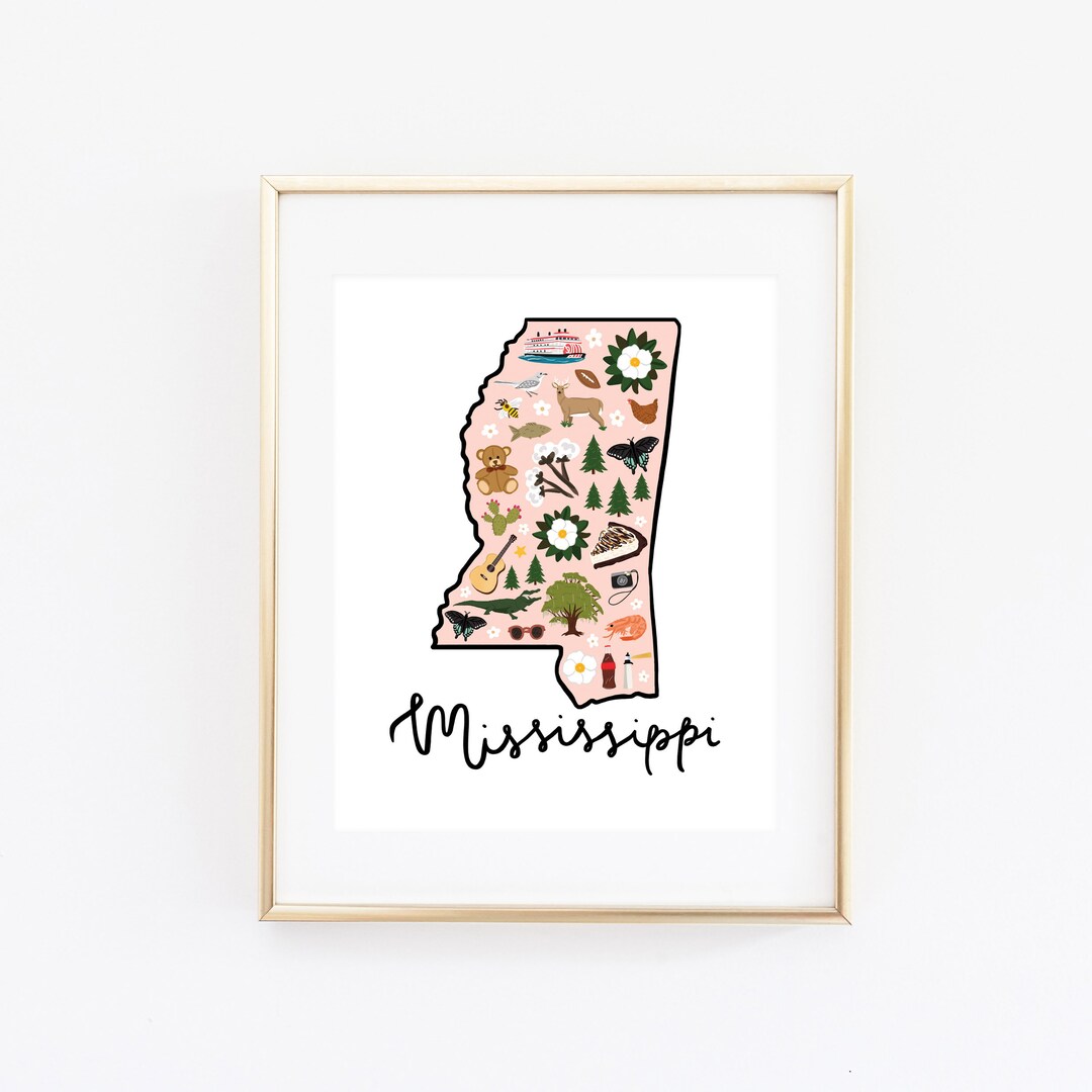 Illustrated Mississippi Art, Cute Mississippi Map Print, Modern MS ...
