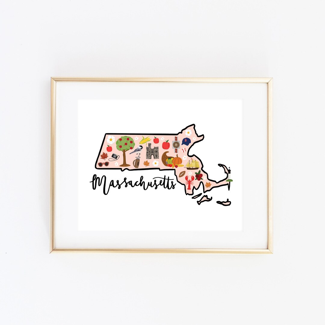Illustrated Massachusetts Art Print, Cute Massachusetts Map, Modern ...