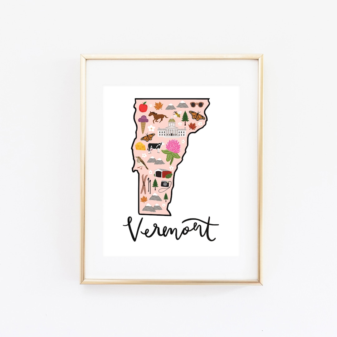 Illustrated Vermont Art Print, Cute Vermont Map Print, Modern Vermont ...
