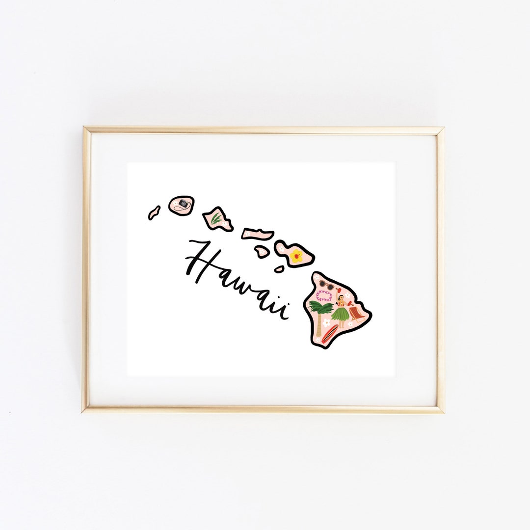 Illustrated Hawaii Art Print, Cute Hawaii Map Print, Modern Hawaii ...