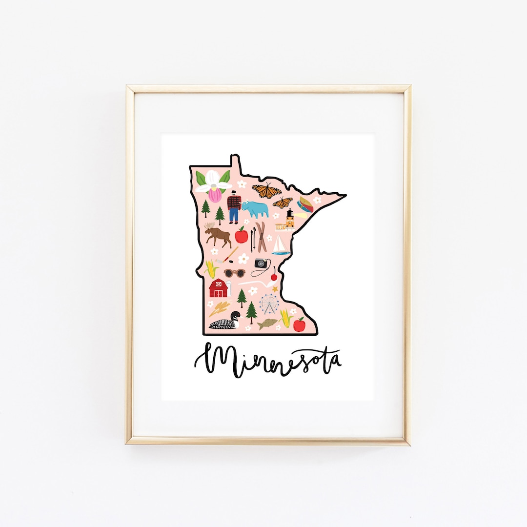 Illustrated Minnesota Art, Cute MN Map Print, Modern Minnesota Decor ...