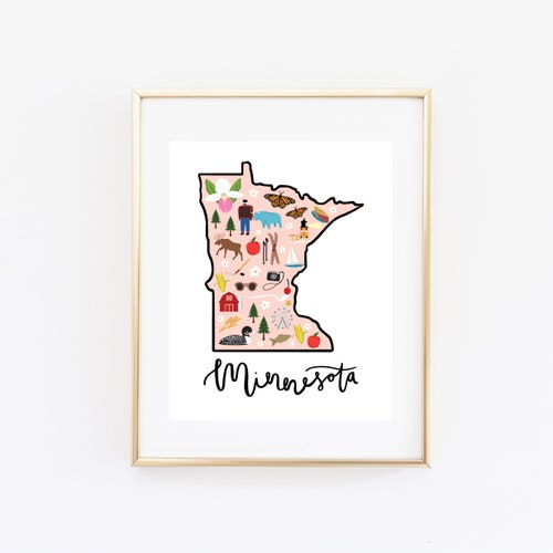 Illustrated Minnesota Art Cute MN Map Print Modern Minnesota | Etsy