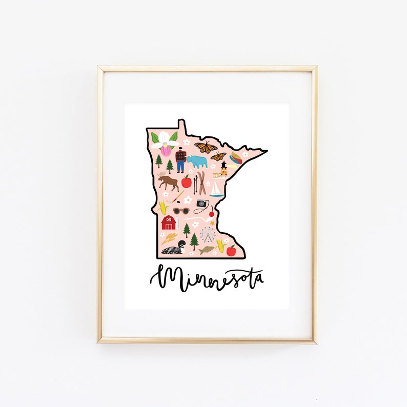 Illustrated Minnesota Art Cute MN Map Print Modern Minnesota | Etsy