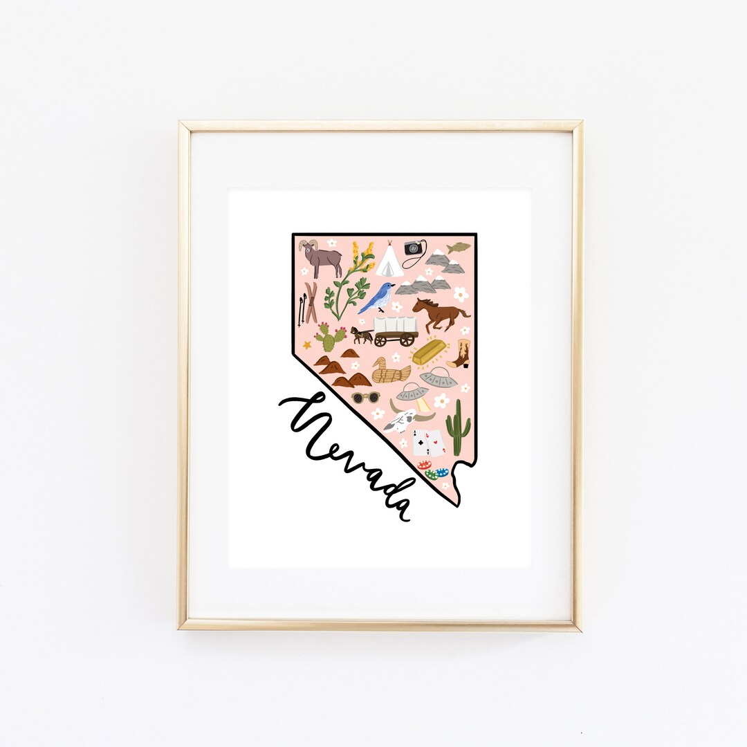 Illustrated Nevada Art Print, Cute Nevada Map Print, Modern Nevada ...